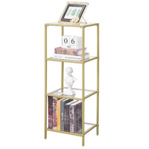 homhedy 4-tier bookshelf,metal bookcase,tempered glass shelves,storage rack shelf for home office,living room,bedroom, bathroom,modern style,golden