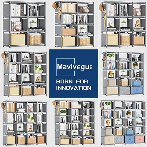 Mavivegue Book Shelf, 12 Cube Storage Organizer, DIY Bookcase, Metal Cube Bookshelf,Tall Book case for Bedroom, Living Room,Office,Closet Storage Organizer, Grey Cubicle Storage Rack