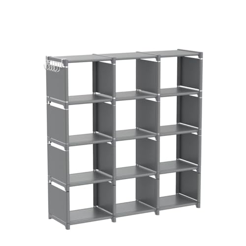 Mavivegue Book Shelf, 12 Cube Storage Organizer, DIY Bookcase, Metal Cube Bookshelf,Tall Book case for Bedroom, Living Room,Office,Closet Storage Organizer, Grey Cubicle Storage Rack