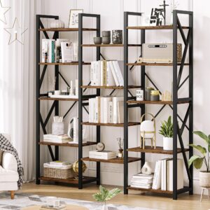 idealhouse triple wide 5 tier book shelf, tall bookshelf with open display shelves, industrial large bookshelves and bookcases with metal frame for living room, bedroom, home office-rustic brown