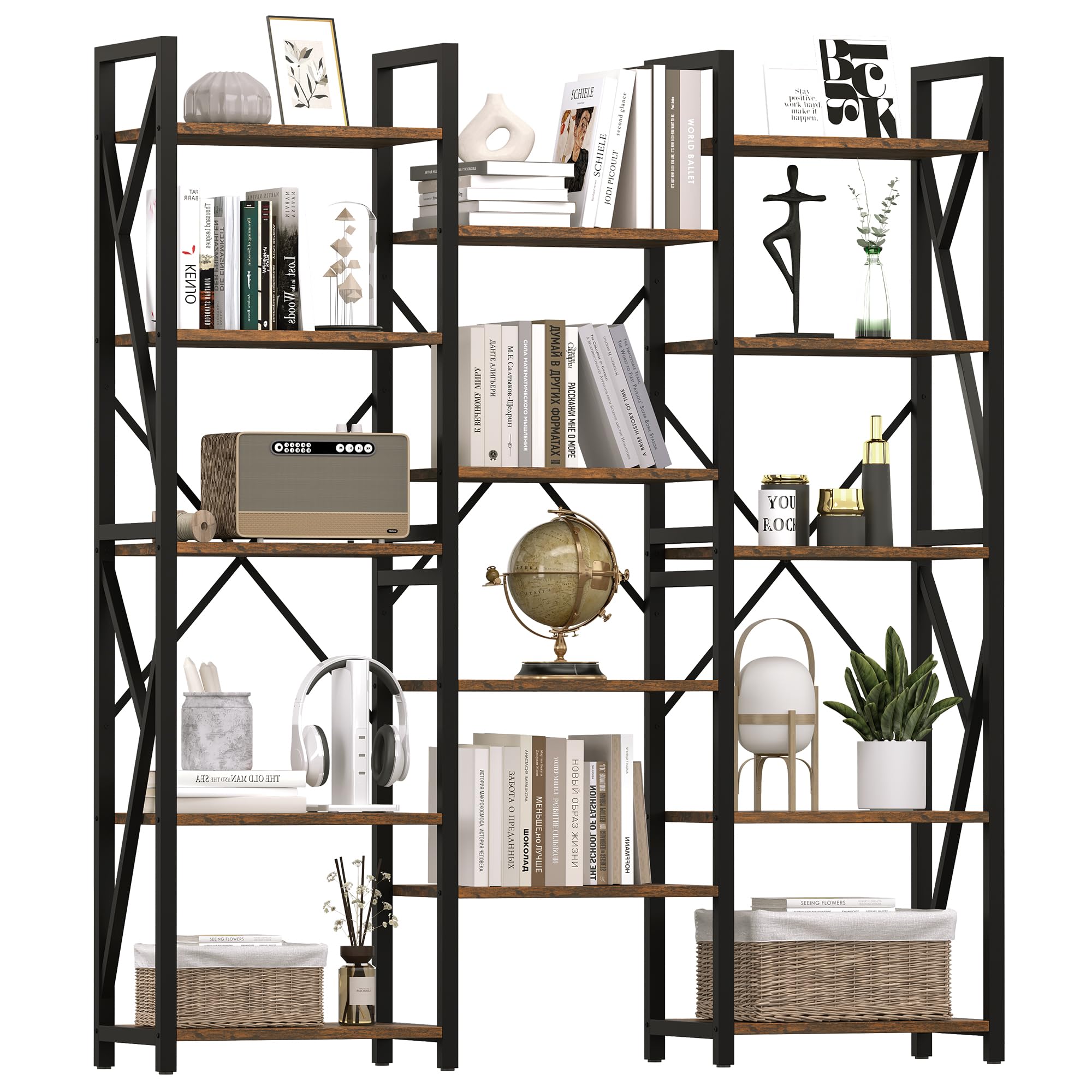 IDEALHOUSE Triple Wide 5 Tier Book shelf, Tall Bookshelf with Open Display Shelves, Industrial Large Bookshelves and Bookcases with Metal Frame for Living Room, Bedroom, Home Office-Rustic Brown