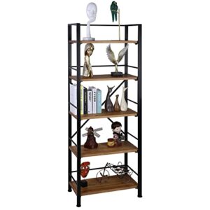 crofy rustic bookshelf, 5 tier real wood bookshelf, metal book shelf for storage, black bookcase, 12.6" d x 23.62" w x 64.17" h