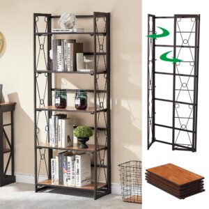 vecelo bookshelf no assembly, 5 shelf folding bookcase, book shelves organizer for living room, bedroom, kitchen, office, industrial metal frame, walut, 1 set