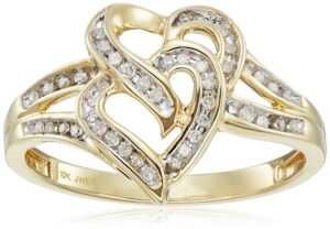 amazon essentials 10k yellow gold diamond double heart ring (1/10 cttw), size 7 (previously amazon collection)