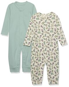 amazon essentials unisex babies' organic cotton footless coverall (previously amazon aware), pack of 2, beige bunny/sage green, 0-3 months