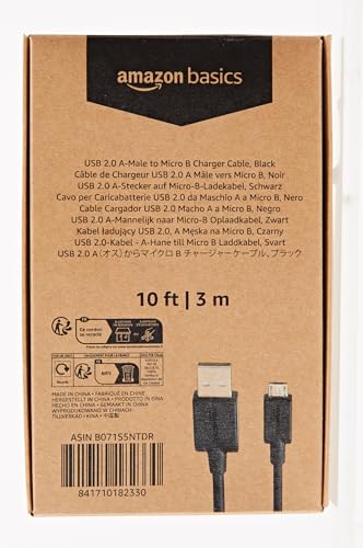 Amazon Basics USB-A to Micro USB Fast Charging Cable, 480Mbps Transfer Speed with Gold-Plated Plugs, USB 2.0, 10 Foot, Black