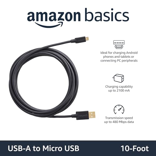 Amazon Basics USB-A to Micro USB Fast Charging Cable, 480Mbps Transfer Speed with Gold-Plated Plugs, USB 2.0, 10 Foot, Black