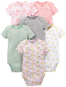 simple joys by carter's baby girls' short-sleeve bodysuit, pack of 6, multicolor/dinosaur/floral/forest animals/fruit/hearts, 0-3 months