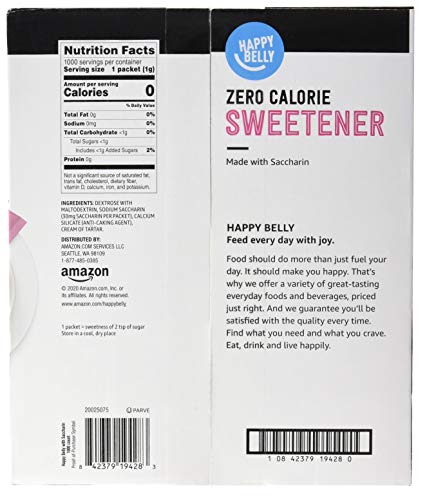 Amazon Brand - Happy Belly Zero Calorie Pink Saccharin Sweetener, Powder, Packet, 35.2 ounce (Pack of 1), (Previously Sugarly Sweet), 1000 Count