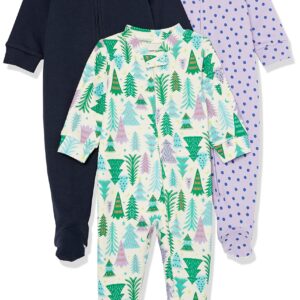 Amazon Essentials Unisex Babies' Cotton Snug-Fit Footed Sleeper Pajamas, Pack of 3, Ecru Festive Tree/Navy/Purple Dots, 0-3 Months