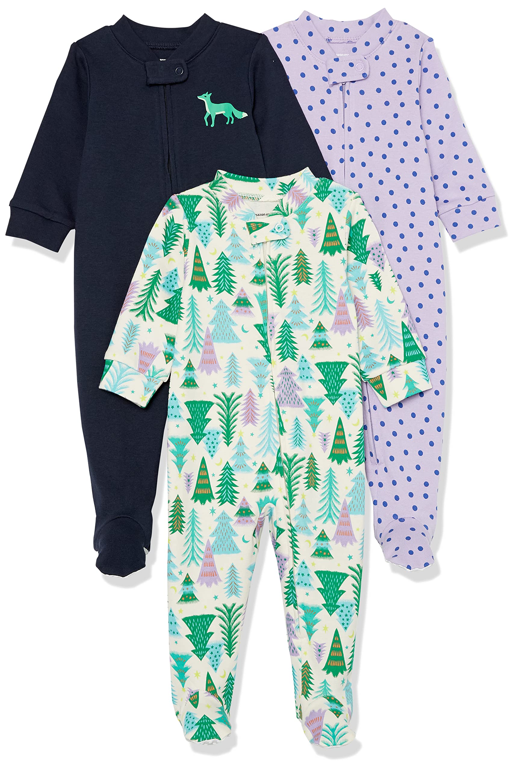 Amazon Essentials Unisex Babies' Cotton Snug-Fit Footed Sleeper Pajamas, Pack of 3, Ecru Festive Tree/Navy/Purple Dots, 0-3 Months