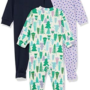 Amazon Essentials Unisex Babies' Cotton Snug-Fit Footed Sleeper Pajamas, Pack of 3, Ecru Festive Tree/Navy/Purple Dots, 0-3 Months