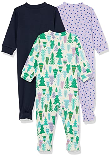 Amazon Essentials Unisex Babies' Cotton Snug-Fit Footed Sleeper Pajamas, Pack of 3, Ecru Festive Tree/Navy/Purple Dots, 0-3 Months