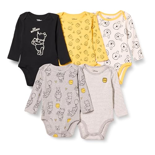 Amazon Essentials Disney | Marvel | Star Wars Unisex Babies' Long-Sleeve Bodysuits, Pack of 5, Winnie The Pooh Oh Bother, 0-3 Months