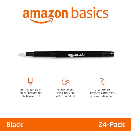 Amazon Basics Felt Tip Marker Pens - Medium Point, Black, 24-Pack