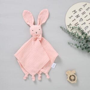 LAWKUL Baby Lovey Organic Cotton Muslin Security Blankets Comfy Lovie Soft Cuddly Lovies Newborn Infants Boy Girls Bunny Pink