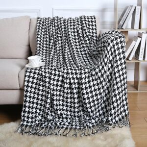 rivyos air conditioning blanket knitted blanket thousand bird check tassel sofa blanket small blanket bed end american wool napping blanket quilt (black and white, twin(70.9''×51.2''))