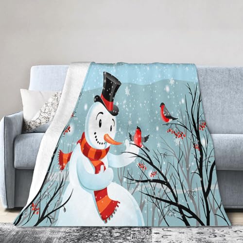 Throw Blanket 40x50 Inch,Birds Bullfinch Snowman Flannel Soft Cozy Fluffy Throw Blankets and Warm Throws for Adults in Couch Sofa Bed 50x40 Inch