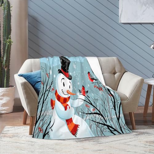 Throw Blanket 40x50 Inch,Birds Bullfinch Snowman Flannel Soft Cozy Fluffy Throw Blankets and Warm Throws for Adults in Couch Sofa Bed 50x40 Inch