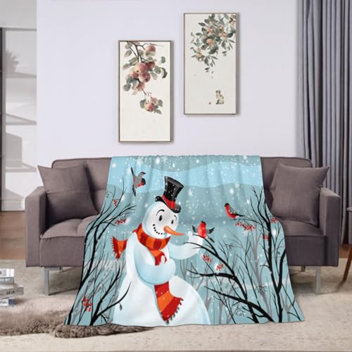 Throw Blanket 40x50 Inch,Birds Bullfinch Snowman Flannel Soft Cozy Fluffy Throw Blankets and Warm Throws for Adults in Couch Sofa Bed 50x40 Inch