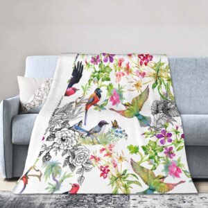 Throw Blanket 30x40 Inch,Green Leaves Flowers Colorful Birds Flannel Soft Cozy Fluffy Throw Blankets and Warm Throws for Adults in Couch Sofa Bed 40x30 Inch