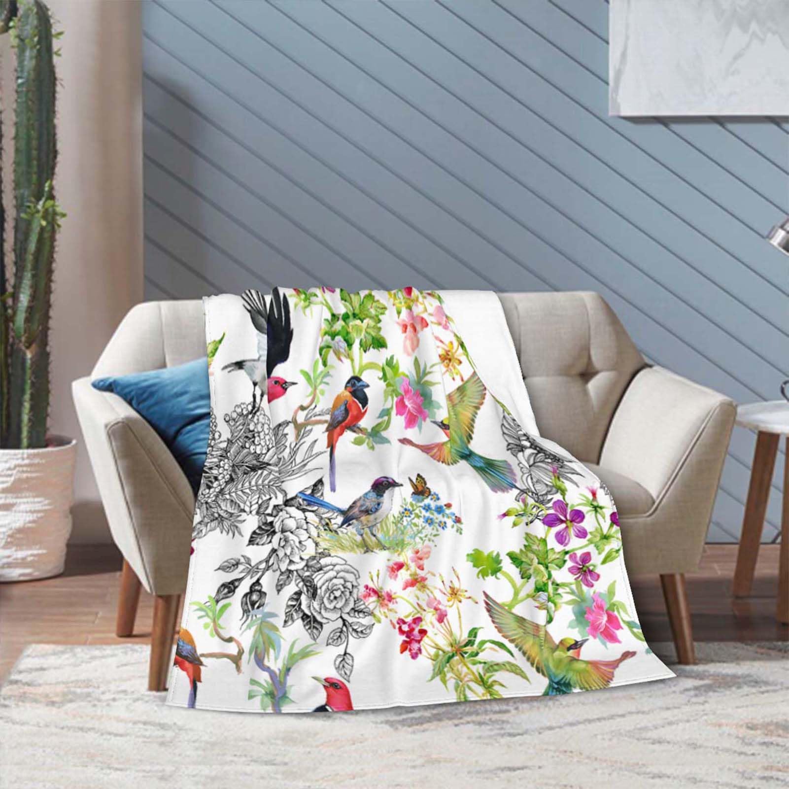 Throw Blanket 30x40 Inch,Green Leaves Flowers Colorful Birds Flannel Soft Cozy Fluffy Throw Blankets and Warm Throws for Adults in Couch Sofa Bed 40x30 Inch