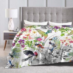 Throw Blanket 30x40 Inch,Green Leaves Flowers Colorful Birds Flannel Soft Cozy Fluffy Throw Blankets and Warm Throws for Adults in Couch Sofa Bed 40x30 Inch