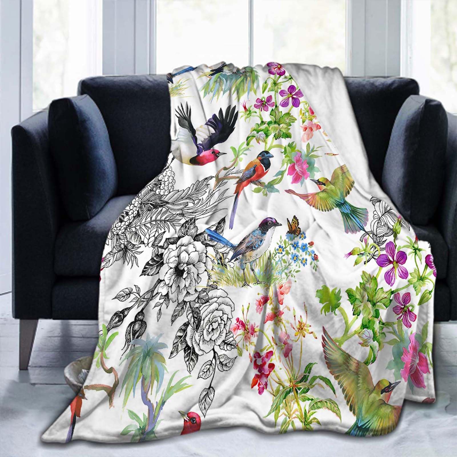 Throw Blanket 30x40 Inch,Green Leaves Flowers Colorful Birds Flannel Soft Cozy Fluffy Throw Blankets and Warm Throws for Adults in Couch Sofa Bed 40x30 Inch