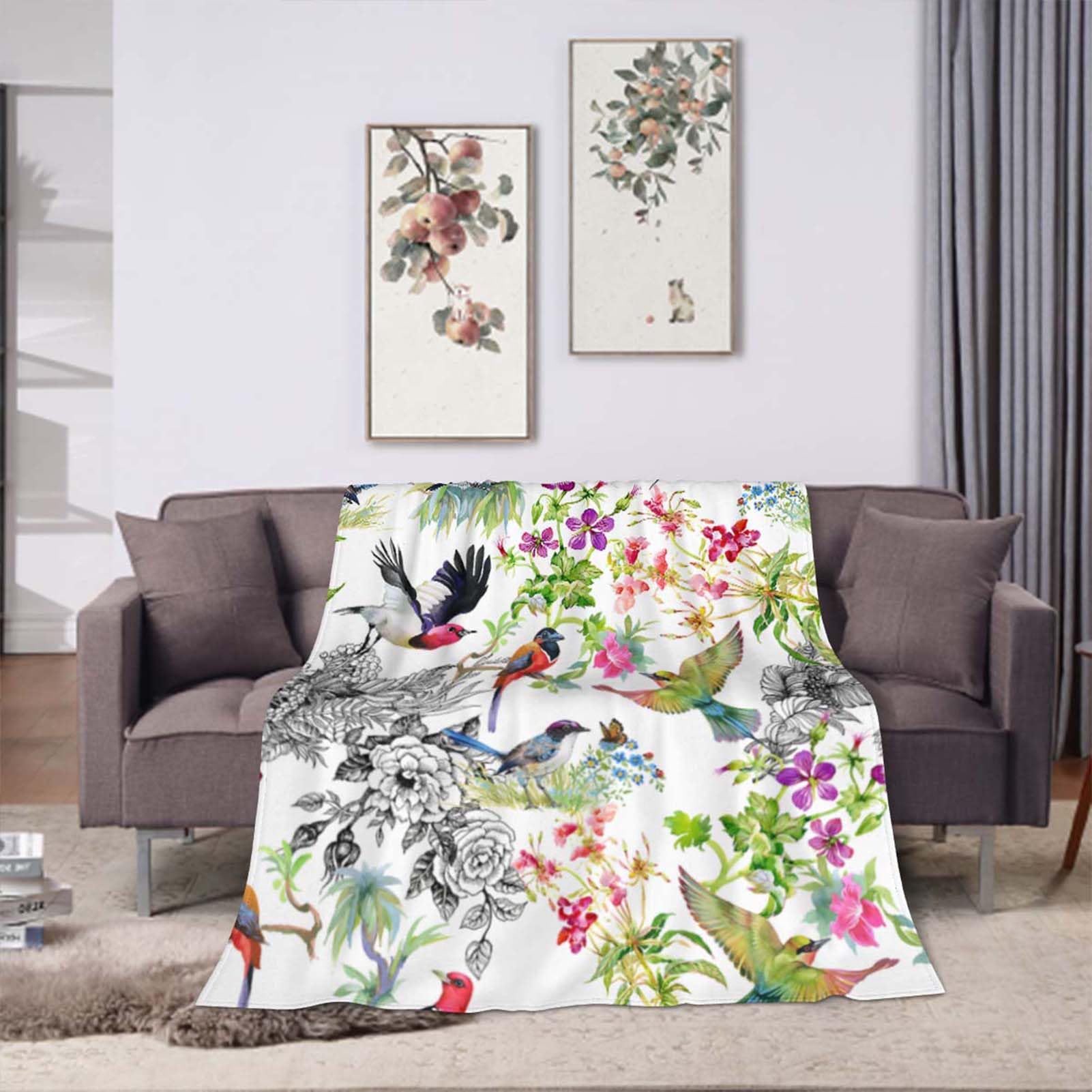 Throw Blanket 30x40 Inch,Green Leaves Flowers Colorful Birds Flannel Soft Cozy Fluffy Throw Blankets and Warm Throws for Adults in Couch Sofa Bed 40x30 Inch