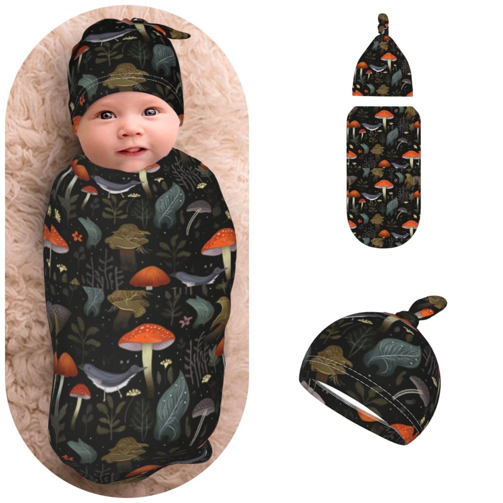 Newborn Swaddle Blanket Mushrooms and Birds Baby Sleep Sack with Beanie Set Soft Stretch Adjustable Wraps Receiving Blankets for Infant Boy Girl