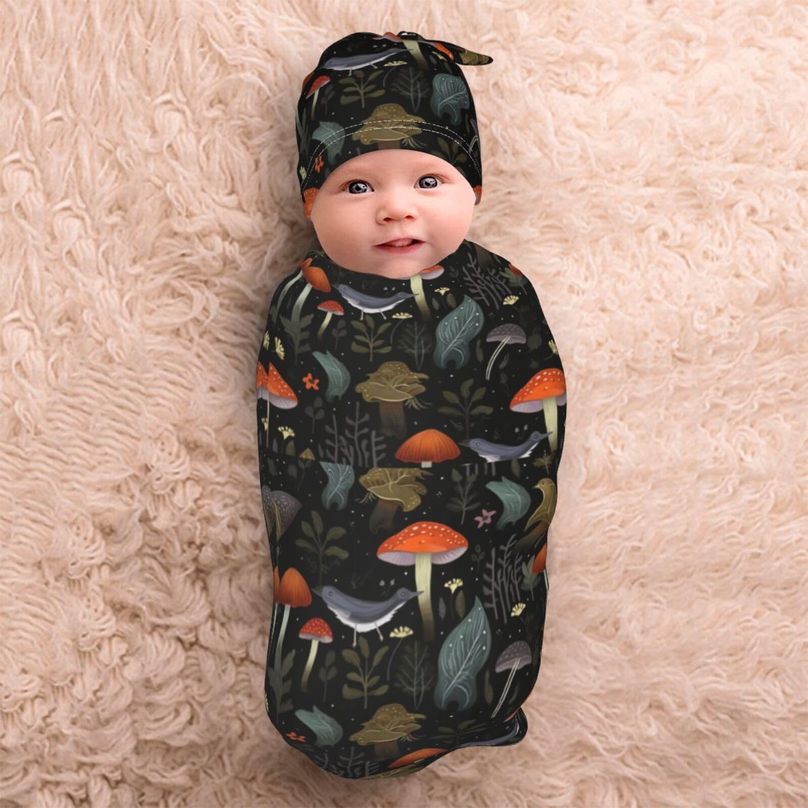 Newborn Swaddle Blanket Mushrooms and Birds Baby Sleep Sack with Beanie Set Soft Stretch Adjustable Wraps Receiving Blankets for Infant Boy Girl