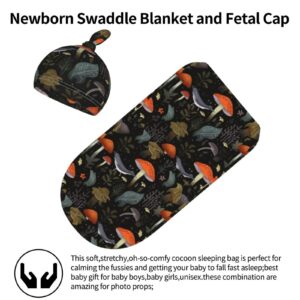 Newborn Swaddle Blanket Mushrooms and Birds Baby Sleep Sack with Beanie Set Soft Stretch Adjustable Wraps Receiving Blankets for Infant Boy Girl