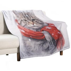 Soft Throw Blanket Drawing of A Cat Wearing A Scarf and Bird Soft Fuzzy Plush Blanket Bedding Cozy Lightweight Cat Lover Girls Gifts Blanket 40"x50" for Bed Couch Chair Sofa