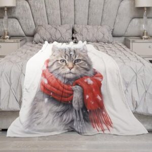 Soft Throw Blanket Drawing of A Cat Wearing A Scarf and Bird Soft Fuzzy Plush Blanket Bedding Cozy Lightweight Cat Lover Girls Gifts Blanket 40"x50" for Bed Couch Chair Sofa