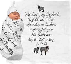 the lord is my shepherd (psalm 23) muslin swaddle & bonus baby hat with scripture quote - 100% organic unbleached cotton - swaddle/blanket - unique shower & baptism gift