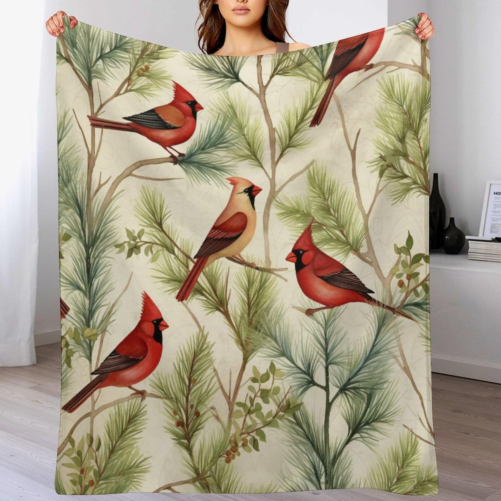 Blanket Red Birds Pine Cones Berry Winter Holiday Soft Blankets and Throws for Sofa Cardinal Bird Pattern Luxurious Warm and Cozy for Home Bed Couch for Girls Birthday Valentines Gifts 40"x50"