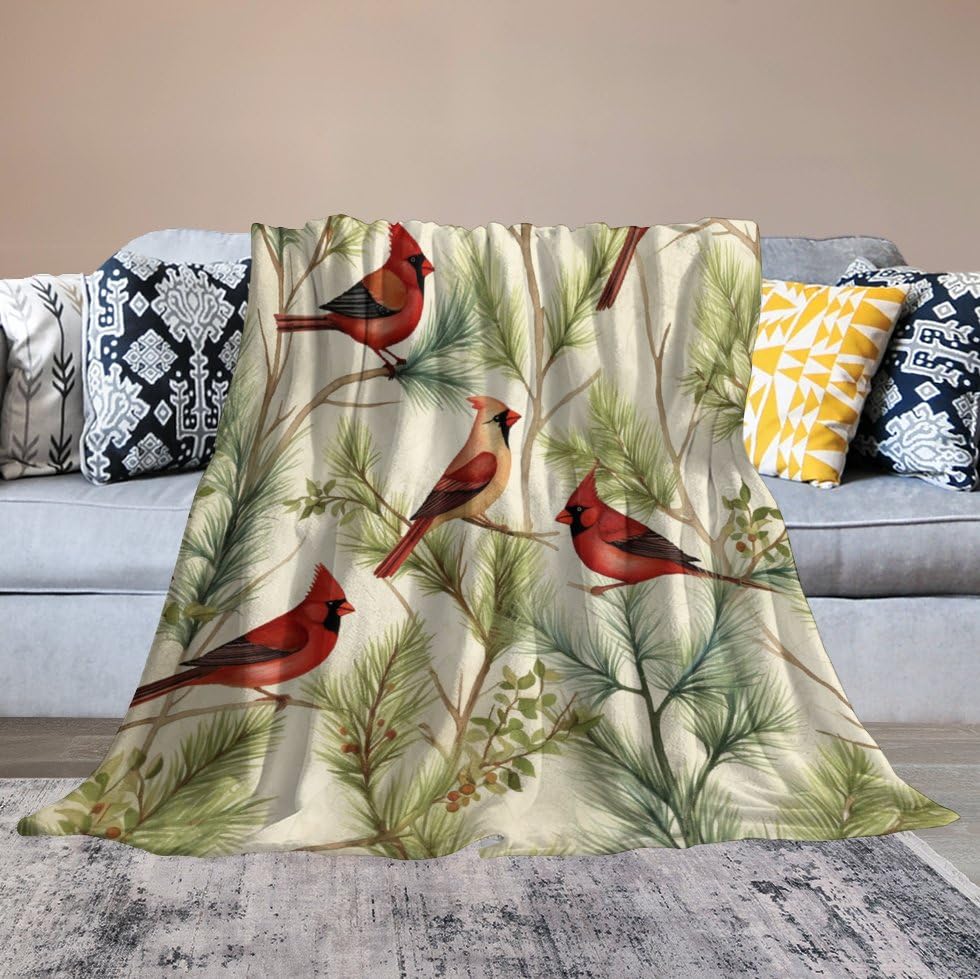 Blanket Red Birds Pine Cones Berry Winter Holiday Soft Blankets and Throws for Sofa Cardinal Bird Pattern Luxurious Warm and Cozy for Home Bed Couch for Girls Birthday Valentines Gifts 40"x50"