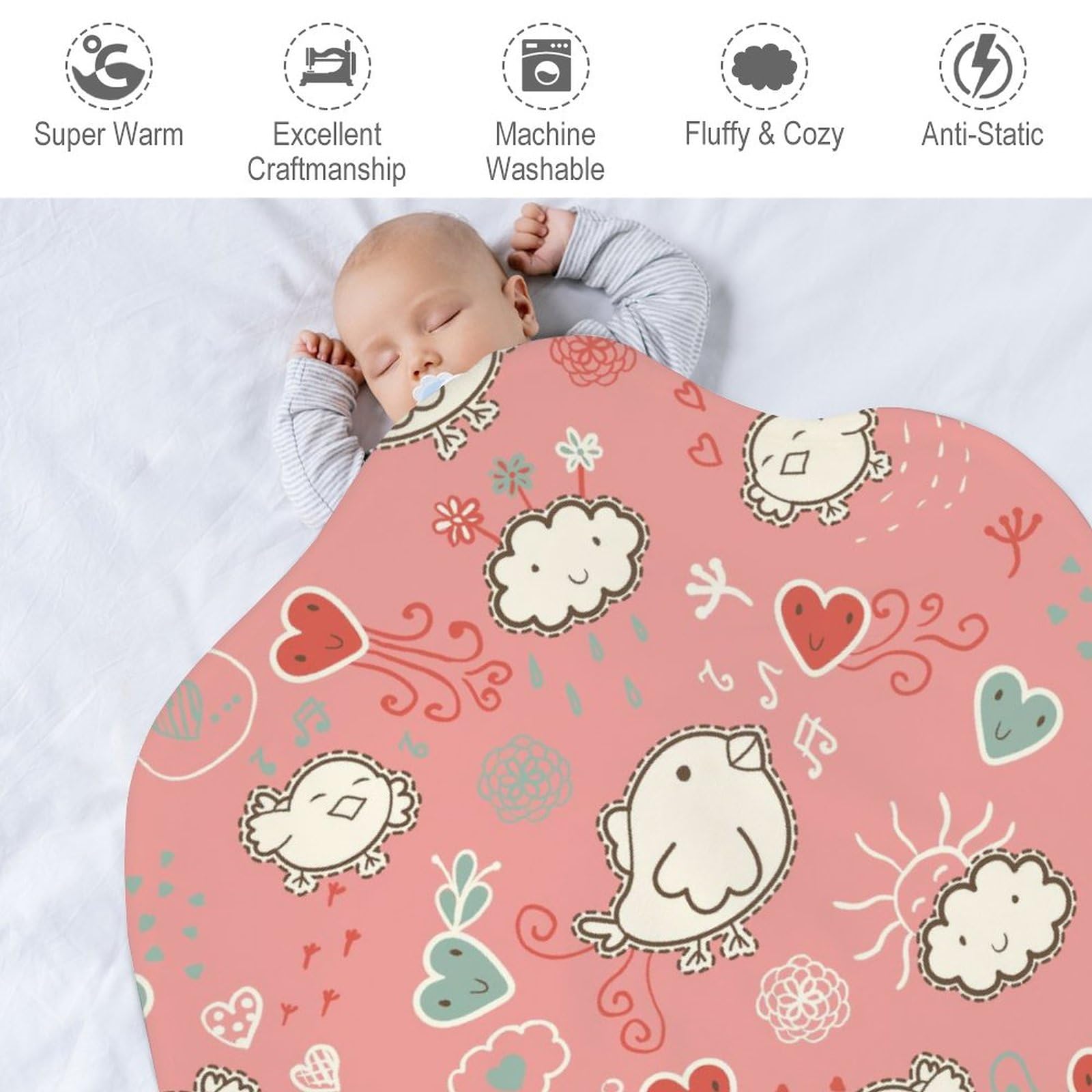 LAKIMCT Cartoon Birds Hearts Clouds Round Soft Baby Blankets for Boys Girls, Newborn Blanket for Suitable for Swaddling Sleep Stroller Cover Nursery Blanket, 35 Inch