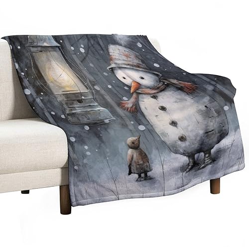 Blanket Snowman, Bird and Lantern Plush Throw Fleece Blanket Happy Winter Holiday Soft Cozy Microfiber Throw Blanket for Couch Sofa Bed for Adults Kids Boys Teens Gift Christmas 60"x80"