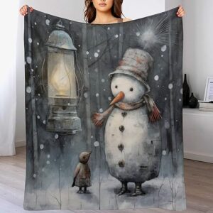 Blanket Snowman, Bird and Lantern Plush Throw Fleece Blanket Happy Winter Holiday Soft Cozy Microfiber Throw Blanket for Couch Sofa Bed for Adults Kids Boys Teens Gift Christmas 60"x80"