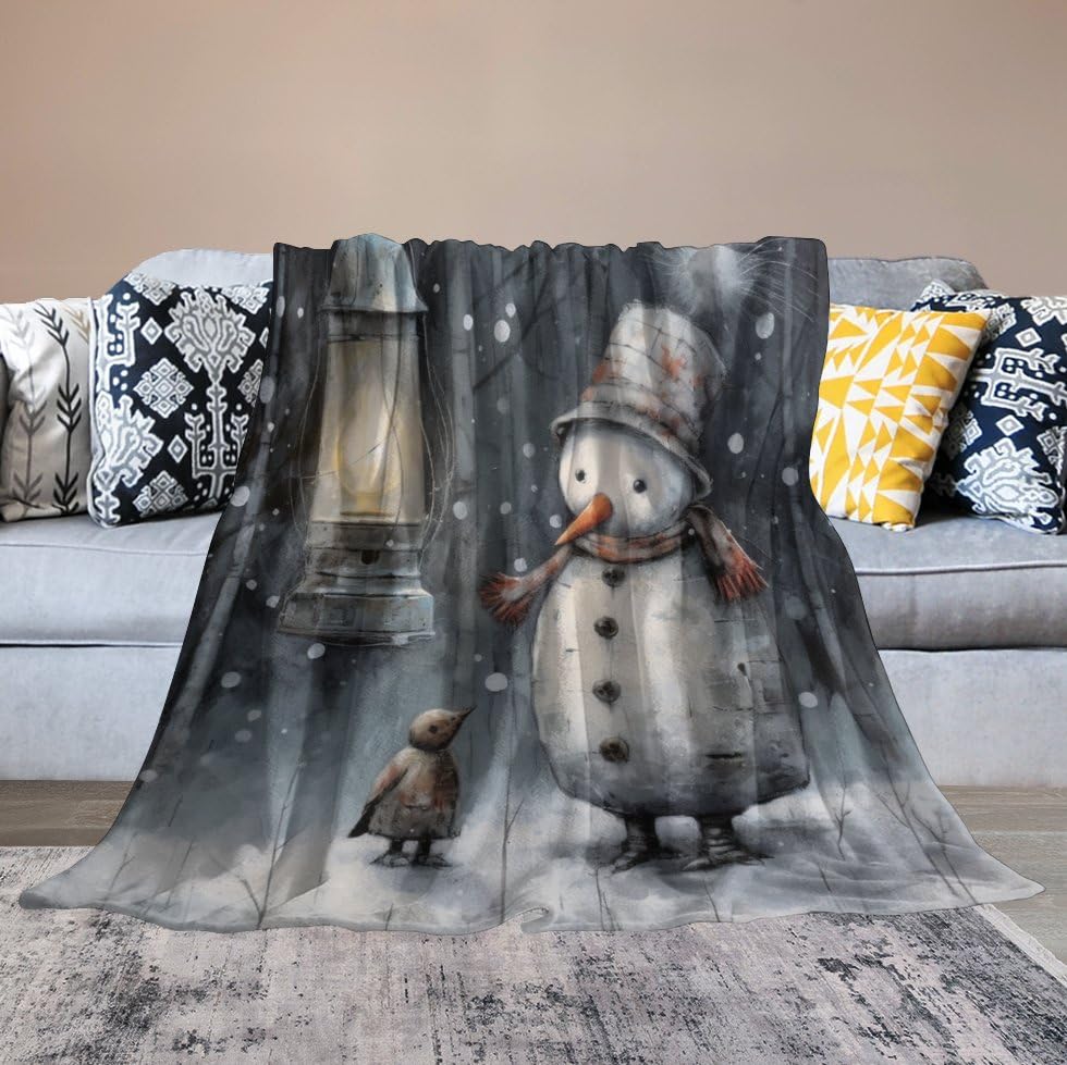 Blanket Snowman, Bird and Lantern Plush Throw Fleece Blanket Happy Winter Holiday Soft Cozy Microfiber Throw Blanket for Couch Sofa Bed for Adults Kids Boys Teens Gift Christmas 60"x80"