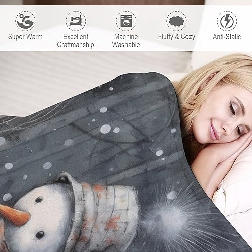 Blanket Snowman, Bird and Lantern Plush Throw Fleece Blanket Happy Winter Holiday Soft Cozy Microfiber Throw Blanket for Couch Sofa Bed for Adults Kids Boys Teens Gift Christmas 60"x80"