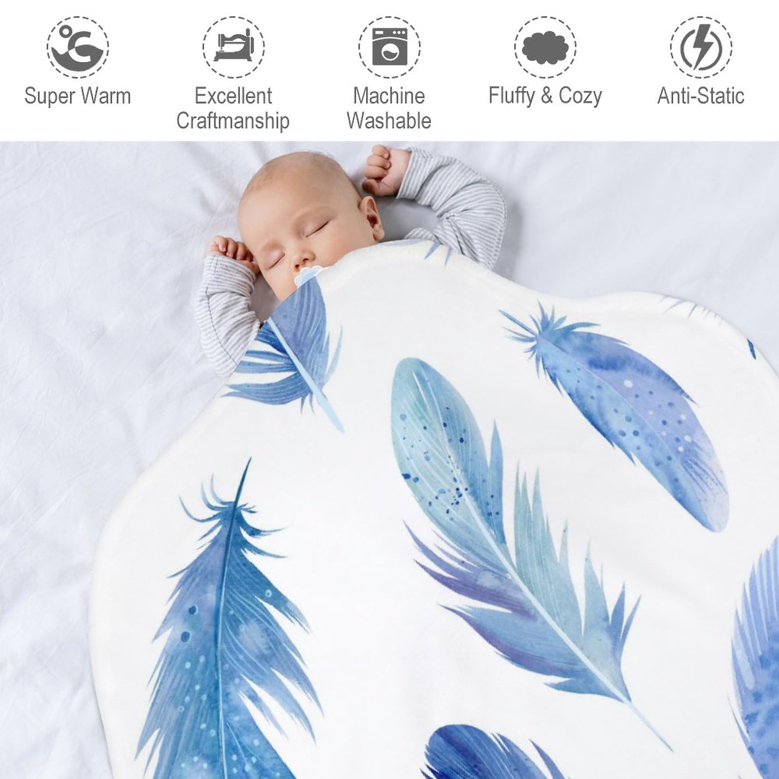 LAKIMCT Bird Blue Feathers Round Soft Baby Blankets for Boys Girls, Newborn Blanket for Suitable for Swaddling Sleep Stroller Cover Nursery Blanket, 35 Inch