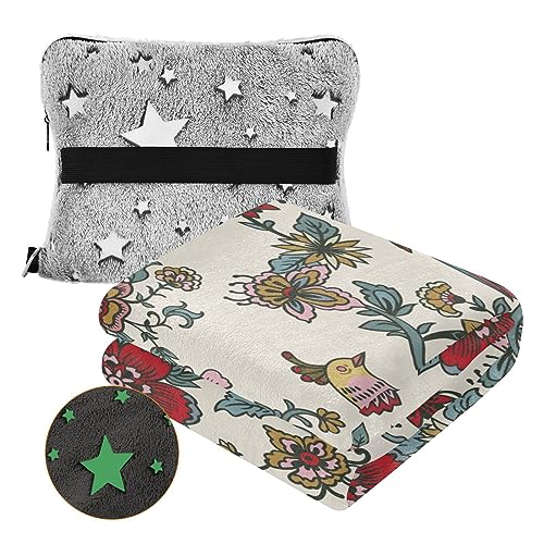 Joko Ivery Flowers Birds Premium Soft Travel Blanket Pillow Airplane Blanket with Hand Luggage Belt & Backpack Clip Travel Essentials 2 in 1 for Office Home Airplane Car