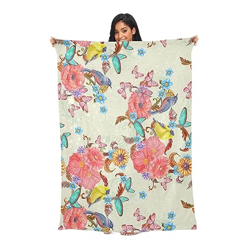 Joko Ivery Flowers Birds Butterflies Premium Soft Travel Blanket Pillow Airplane Blanket with Hand Luggage Belt & Backpack Clip Travel Blanket 2 in 1 for Airplane Car Office Camping