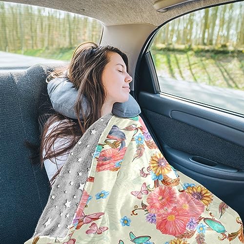 Joko Ivery Flowers Birds Butterflies Premium Soft Travel Blanket Pillow Airplane Blanket with Hand Luggage Belt & Backpack Clip Travel Blanket 2 in 1 for Airplane Car Office Camping