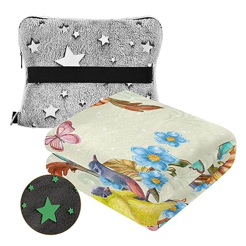 Joko Ivery Flowers Birds Butterflies Premium Soft Travel Blanket Pillow Airplane Blanket with Hand Luggage Belt & Backpack Clip Travel Blanket 2 in 1 for Airplane Car Office Camping