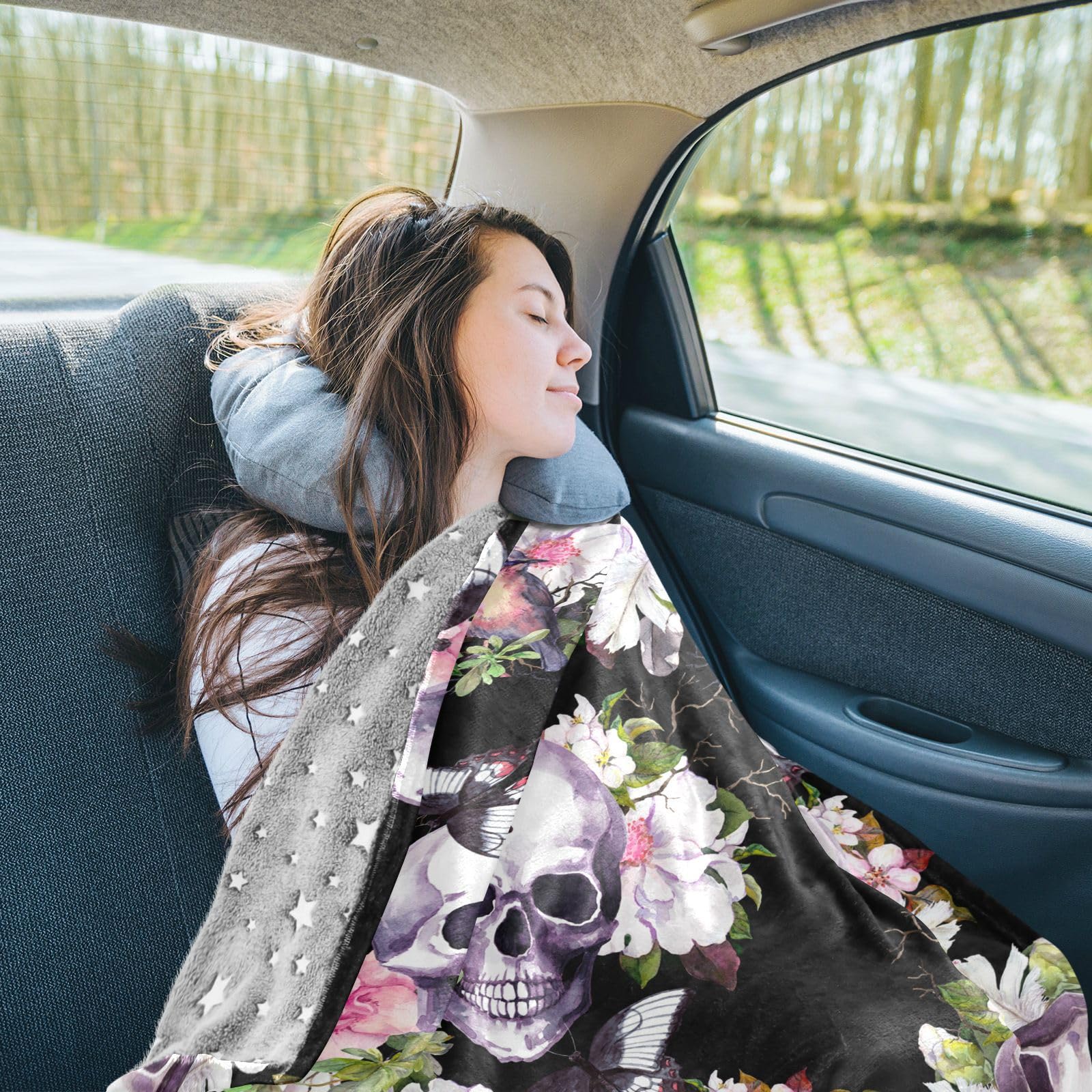 Joko Ivery Skulls Flowers Birds Butterflies Premium Soft Travel Blanket Pillow Airplane Blanket with Hand Luggage Belt & Backpack Clip Travel Pillow and Blanket 2 in 1 for Airplane Car Office Home