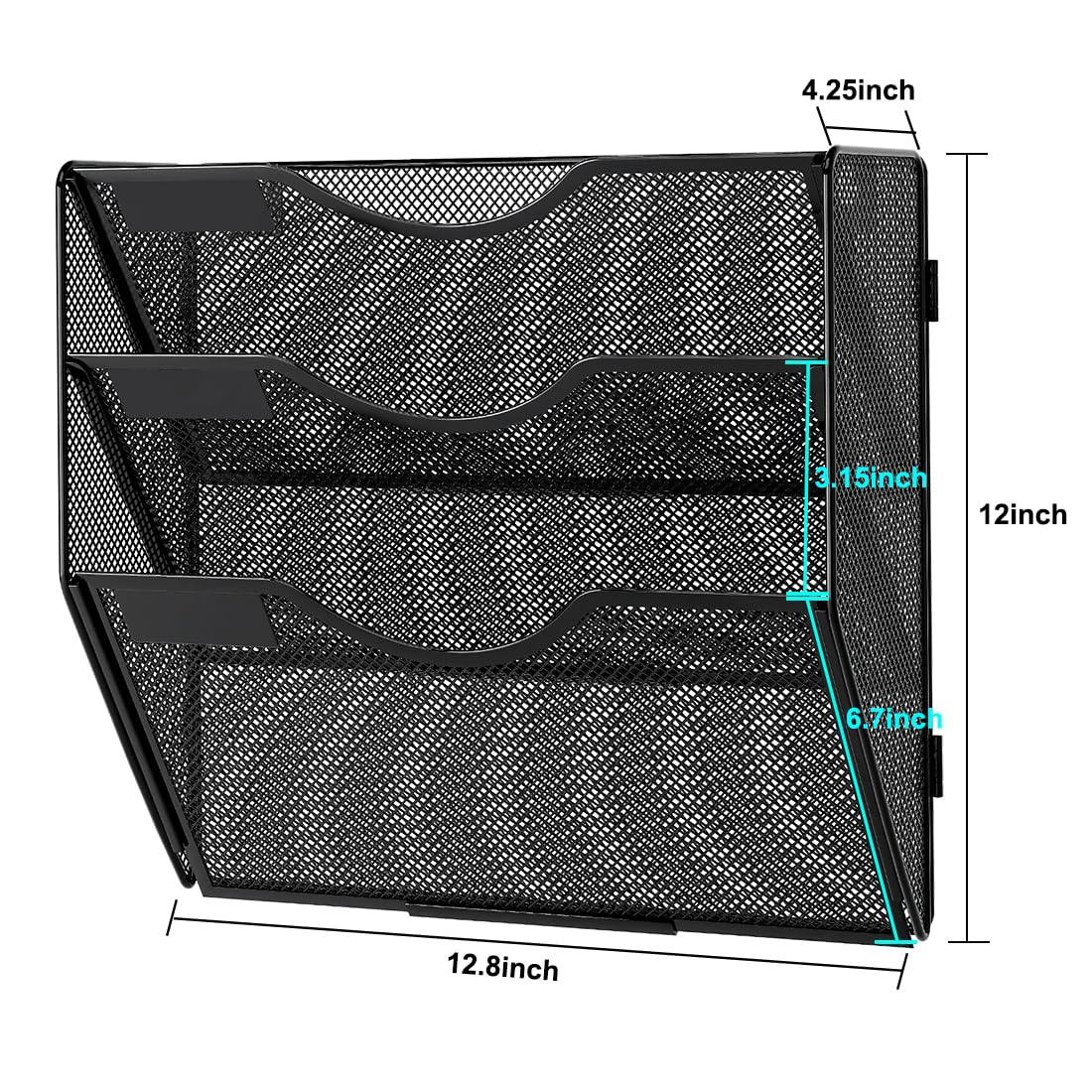 PAG Hanging Wall File Holder, 3 Tier Mail Sorter for Wall, Mesh Office Wall Organizer For Papers/Folders/Files Clipboard & Magazine, Black