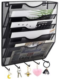 easepres 5 pocket mesh hanging file organizer with key holder hooks & nametag label, wall mounted mail paper document folder clipboard storage organization magazine rack for office cubicle, black